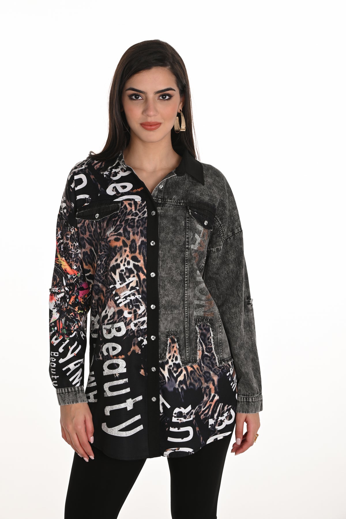 Denim Patchwork Print Shirt | Bellissima West